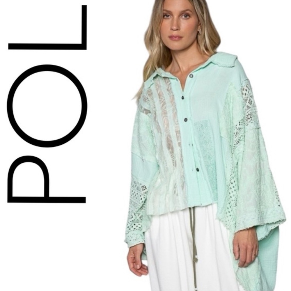 POL Brand New Oversized Boxy Mixed-Fabric Shirt - Min… - Gem